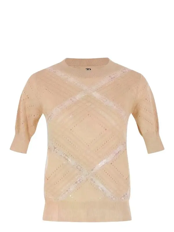 Ermanno Scervino Pointelle Knit Top With Lace Paneling - Neutrals