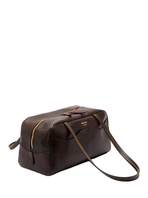 Prada Large Antiqued Leather Shoulder Bag With Logo Lettering - Brown