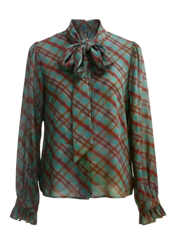 Saint Laurent 1980s Checked Lavallière Blouse - Green
