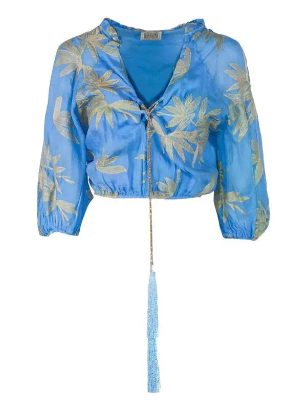 Pho Firenze Ramie Leaf-pattern Cropped Blouse - Blue