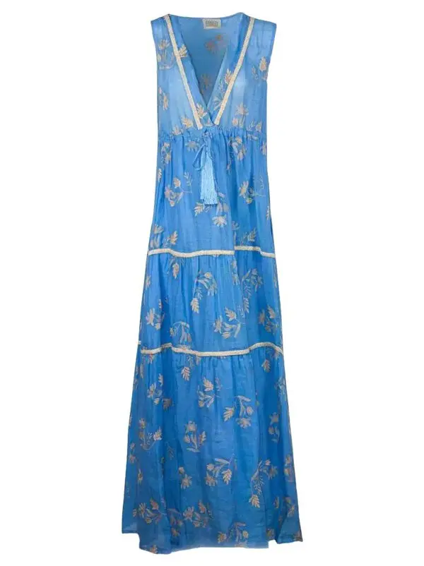 Pho Firenze Floral Ramie Tiered Maxi Dress - Blue