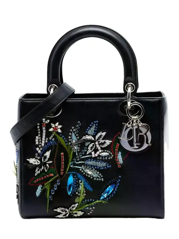 Dior Limited Edition Medium Smooth Calfskin Embroidered Beaded Floral Lady Satchel - Black