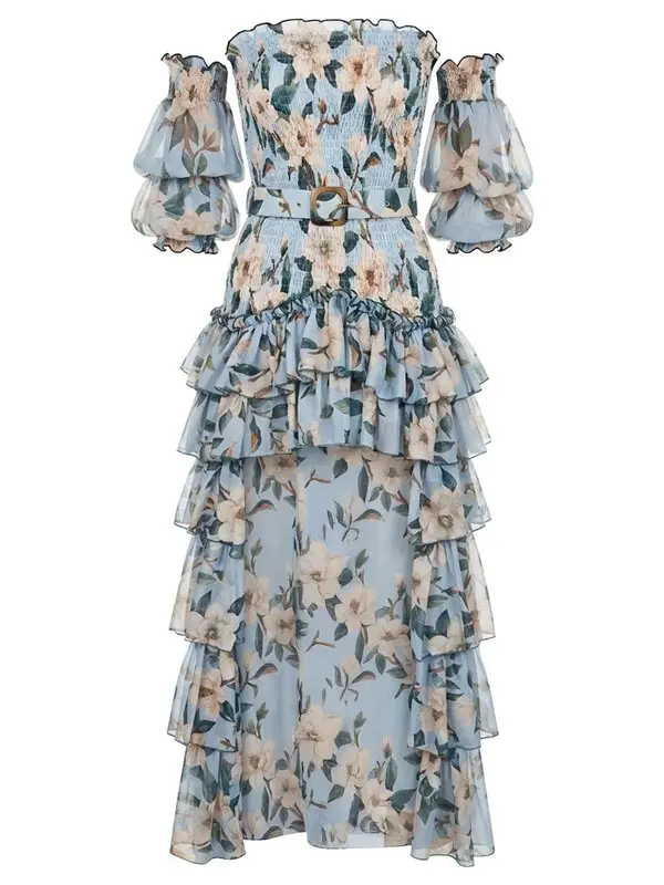 NUR KARAATA Riviera Long Dress With Floral Print And Tiered Ruffles - Blue