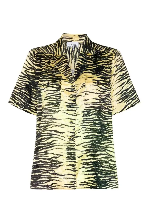 GANNI Tiger Print Notch Collar Shirt - Yellow