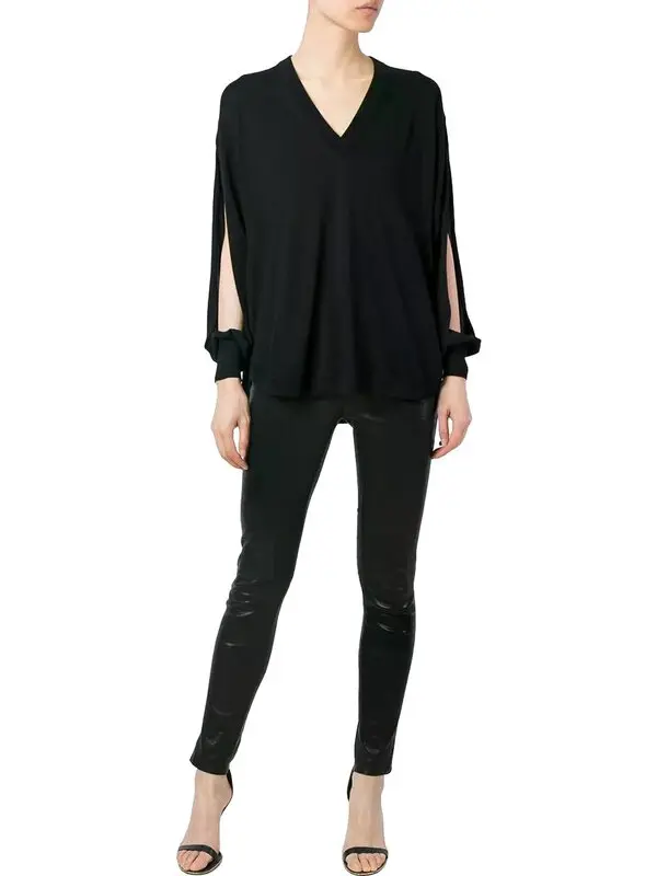 Givenchy Wool-silk Blend V-neck Sweater With Ruffled Slits - Black