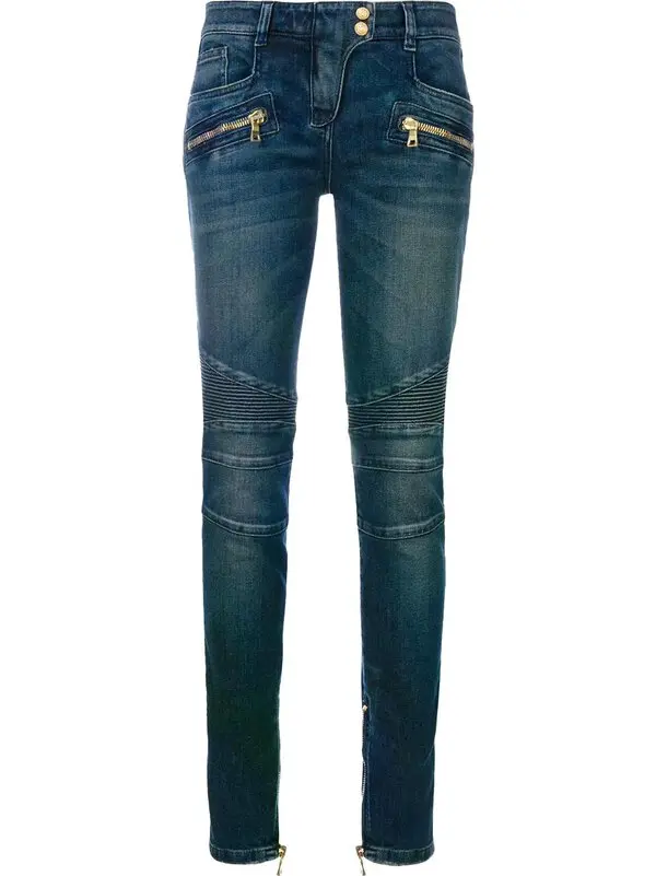 Balmain Stonewashed Denim Biker Jeans - Blue