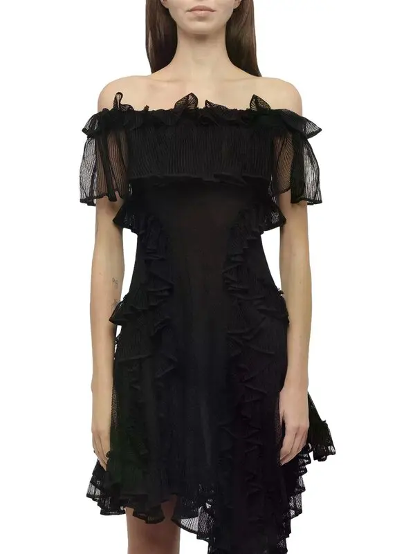 Alexander McQueen Asymmetric Frilled Off-shoulder Dress - Black