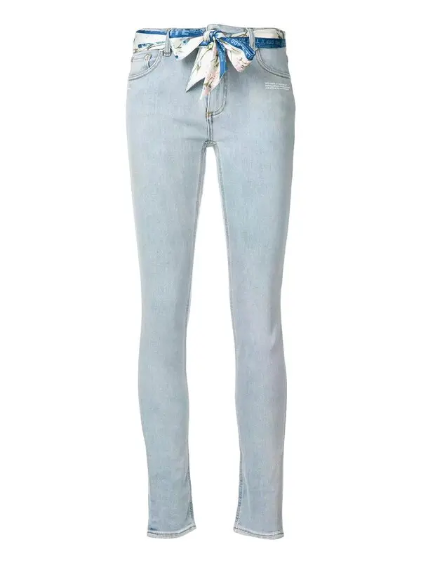 Off-White Skinny Jeans With Printed Scarf Belt - Blue