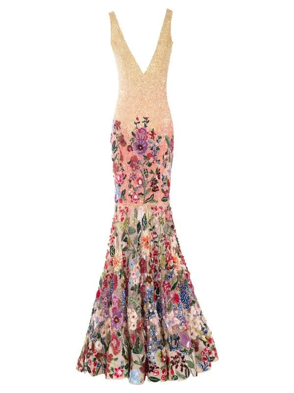 LA FUORI Botanical Symphony Embroidered Gown - Multi