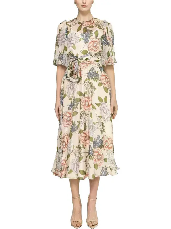 NISSA Floral Print Silk Dress - Neutrals