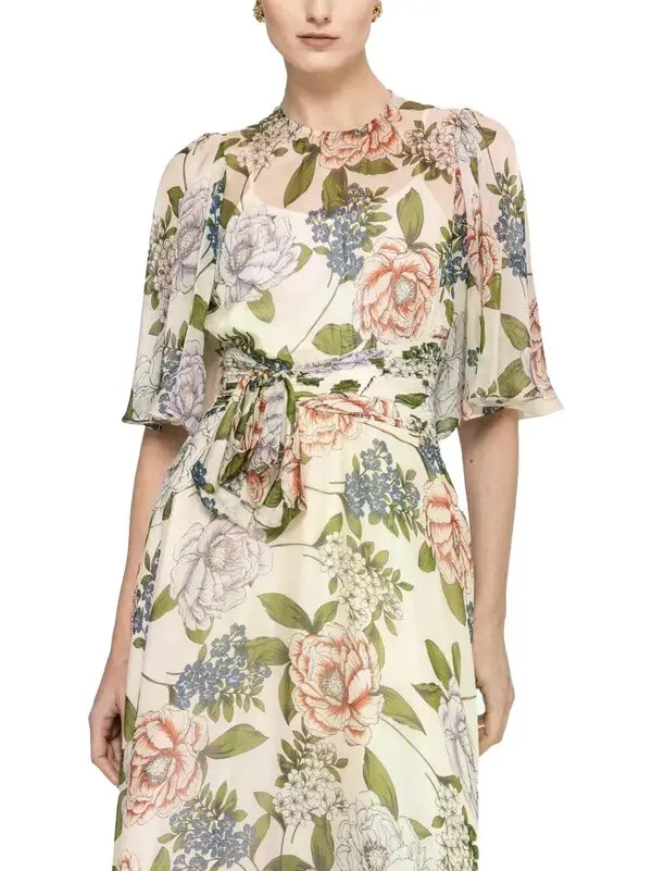 NISSA Floral Print Silk Dress - Neutrals