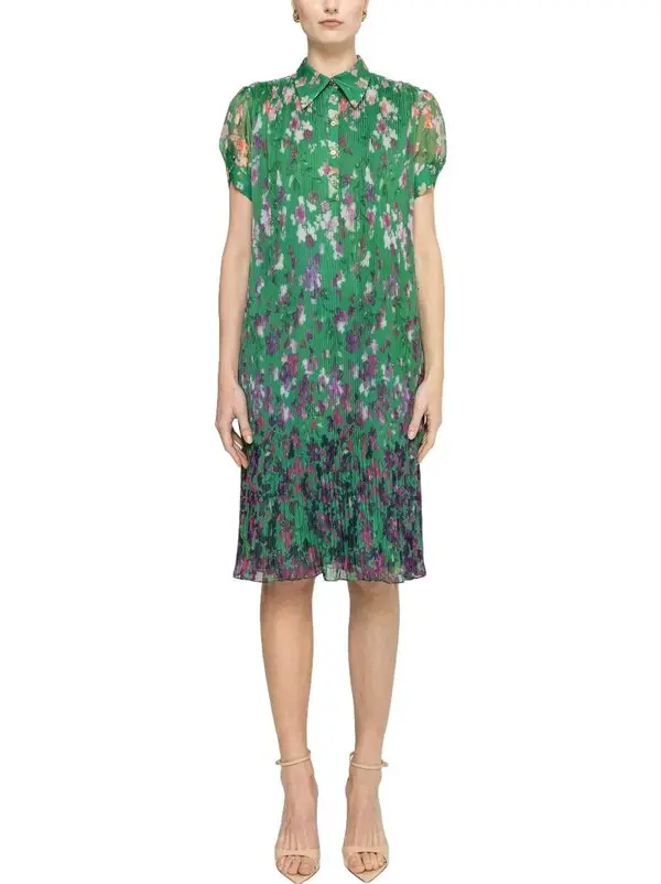 NISSA Floral Print Pleated Midi Dress - Green