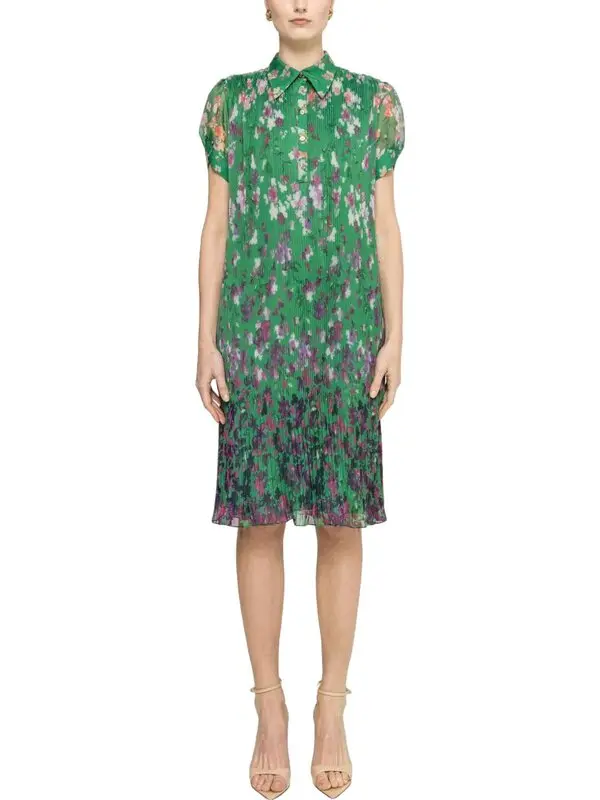 NISSA Floral Print Pleated Midi Dress - Green