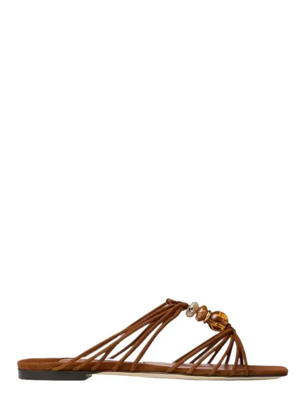JIMMY CHOO Lova Mule Flat In Suede With Hand-knotted Embellishment - Brown