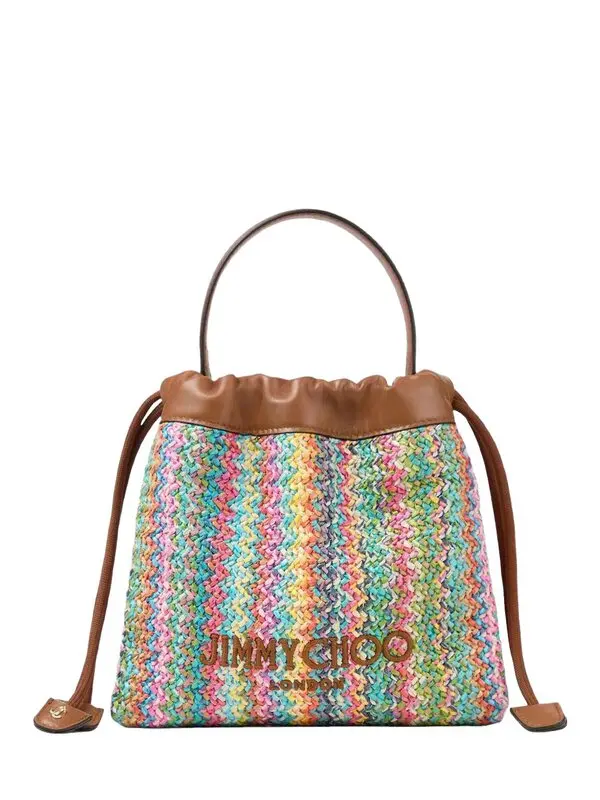 JIMMY CHOO Raffia Drawstring Pouch With Leather Trims And Top Handle - Brown