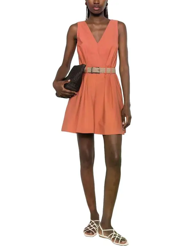 Brunello Cucinelli V-neck Belted Pleated A-line Mini Dress - Orange