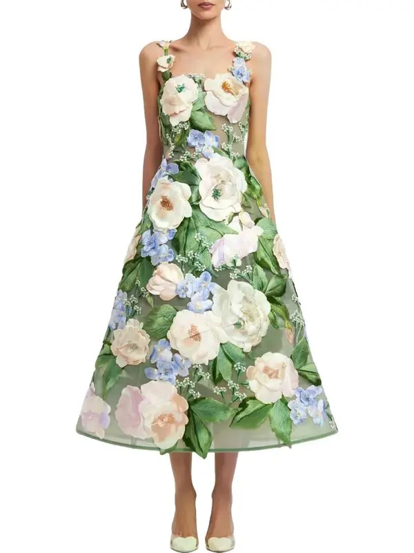 LEO LIN Beatrice Floral-embroidered Dress - Green