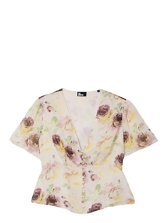 The Kooples Floral Print V-neck Woven Top - Light Old Pink / Ecru