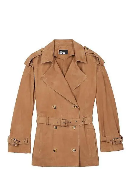 The Kooples Double-breasted Belted Suede Jacket - Beige