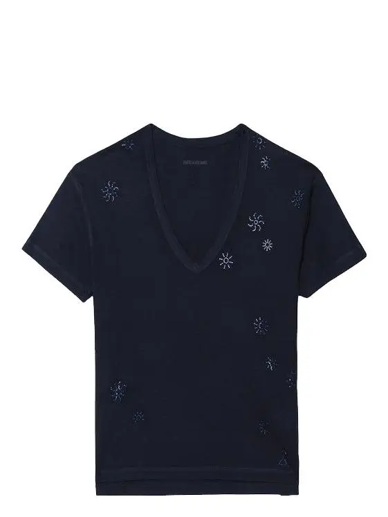 Zadig&Voltaire Marta Rhinestone Embellished V-neck T-shirt - Encre
