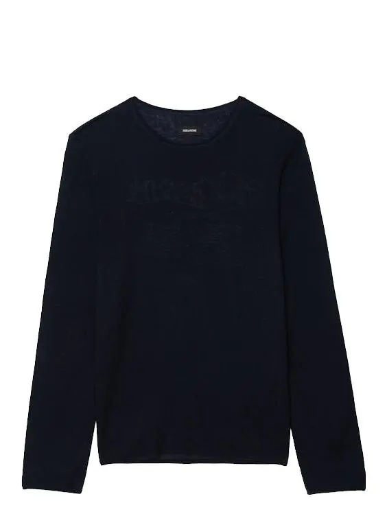 Zadig&Voltaire 100% Cashmere Jacquard Round Neck Long Sleeve Sweater - Encre