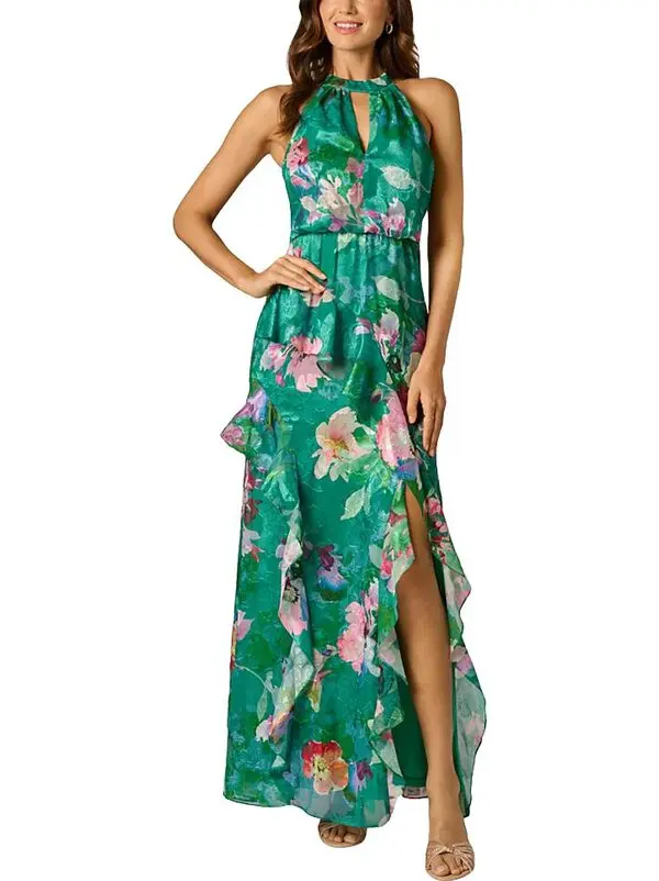 Adrianna Papell Halter Neck Floral Print Mermaid Gown - Green Multi