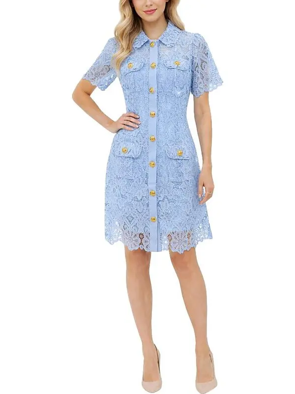 NANCY YANG Short Sleeve Lace Mini Dress - Blue