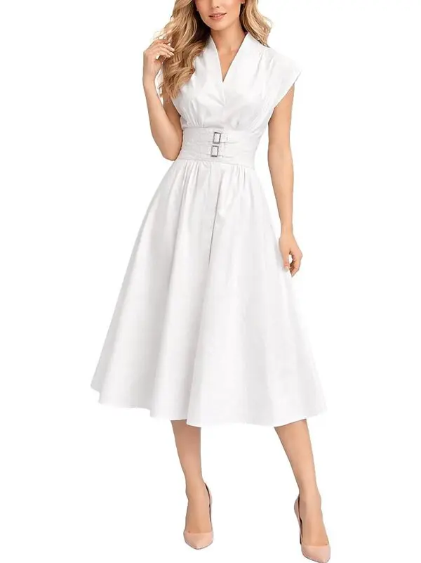 NANCY YANG Buckle Front Midi Dress - White