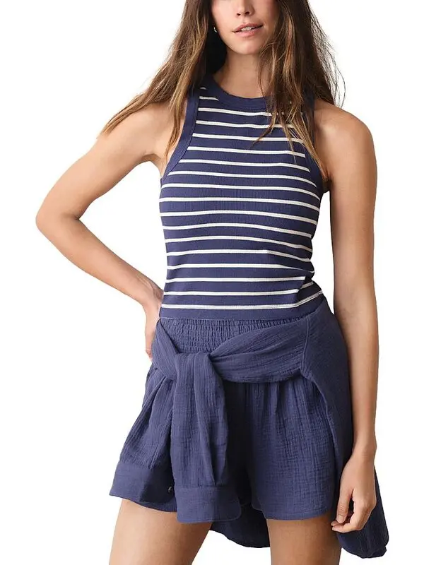 Marine Layer Ribbed High Neck Crop Tank - Blue White
