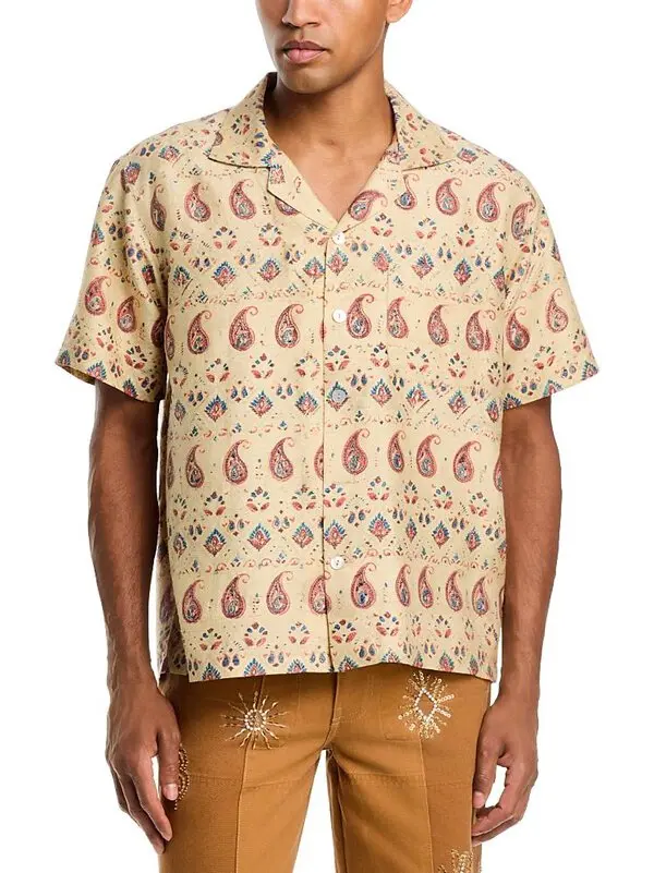 KARTIK RESEARCH Silk Printed Camp Shirt - Ecru/orange/indigo