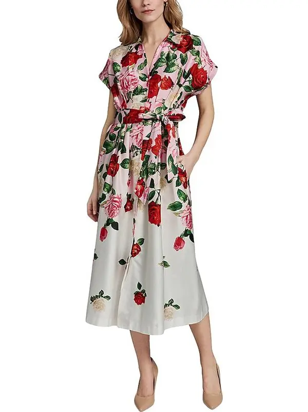 Karl Lagerfeld Paris Surplice Floral Midi Dress With Self-tie Waist - Cornelia Rose/ White