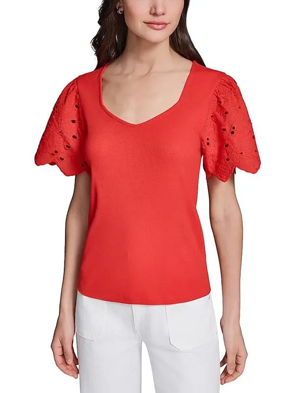 Karl Lagerfeld Paris Short Sleeve Eyelet Knit Top - Apple