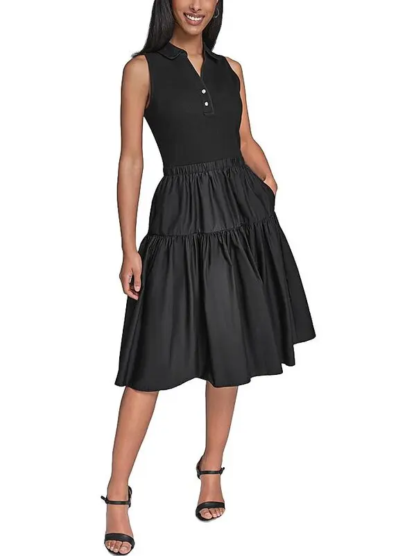 Karl Lagerfeld Paris Sleeveless Tiered Midi Dress With Collared Neckline - Black