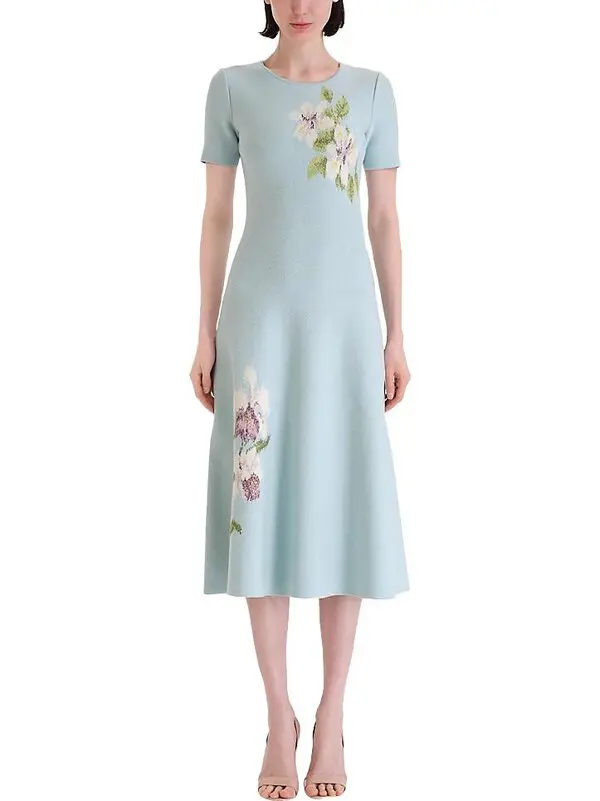 Oscar De La Renta Long A-line Chine Jacquard Knit Dress With Floral Appliques - Saltwater