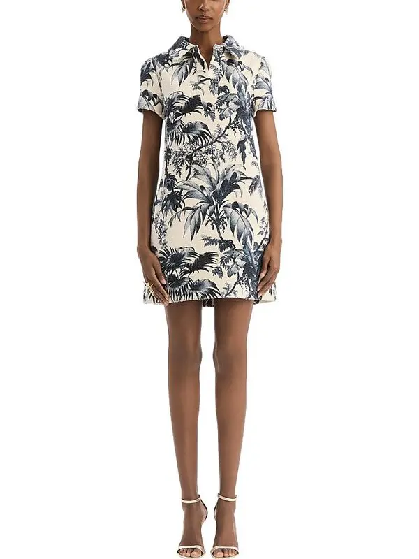 Oscar De La Renta Short Sleeve Printed Tweed Dress - Navy/ivory