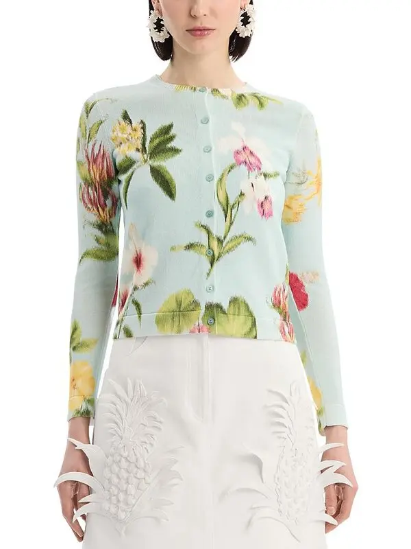 Oscar De La Renta Chine Knit Cardigan Sweater With Floral Print - Saltwater