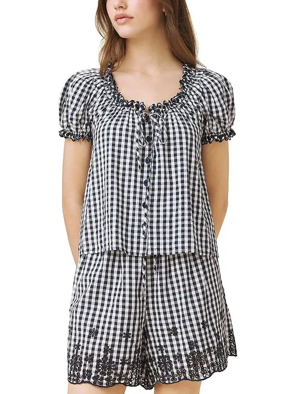 Splendid Gingham Puff Sleeve Blouse With Tie Neck - Navy/white