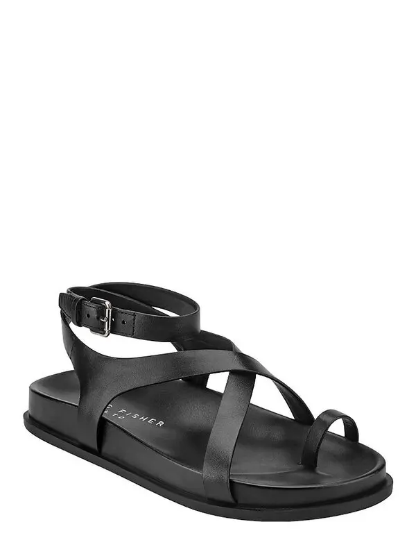 MARC FISHER LTD. Strappy Leather Flat Sandals - Black