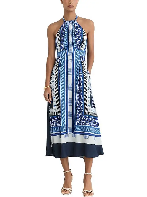REISS Geometric Print Halterneck Midi Dress - Blue