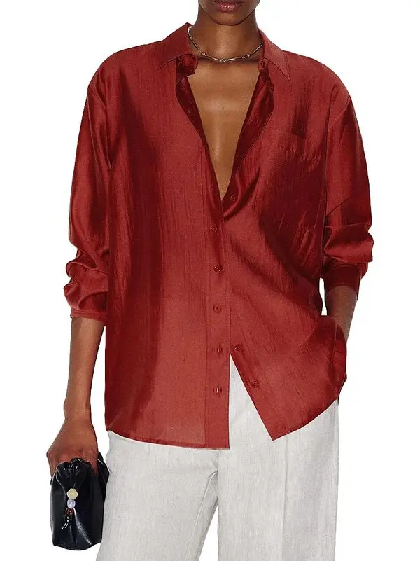 REFORMATION Eli Oversized Shirt - Sheer Red