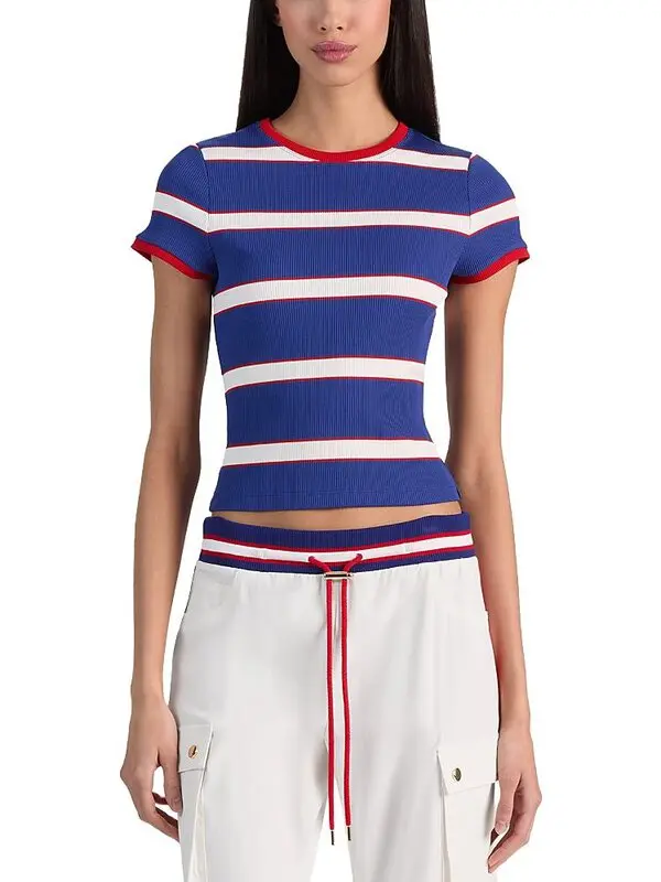 Alice + Olivia Ribbed Ringer Tee - Glamour Stripe Blue