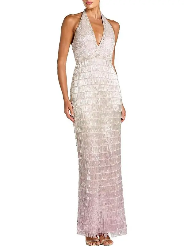 Mac Duggal Halter Neck Mesh Embellished Fringe Column Gown - Silver Lilac