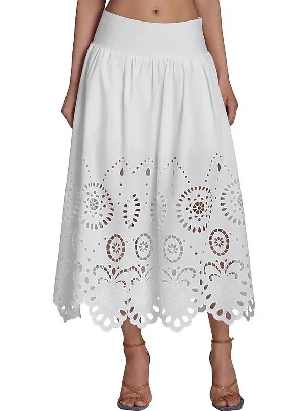 Avec Les Filles Eyelet Scalloped Embroidered Midi Skirt - White