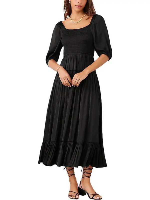 Karen Kane Blouson Sleeve Smocked Midi Dress - Black