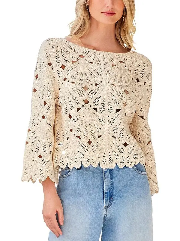 Karen Kane Crochet Flared Sleeve Top - Natural