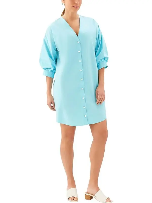 Karen Kane Lantern Sleeve Button Dress - Aqua