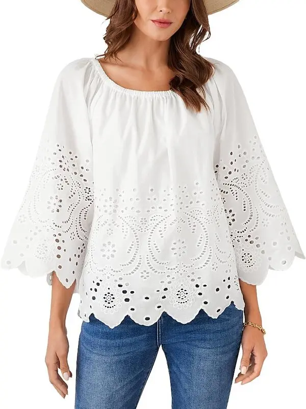 Karen Kane Cutout Embroidery Flared Sleeve Peasant Blouse - Off White