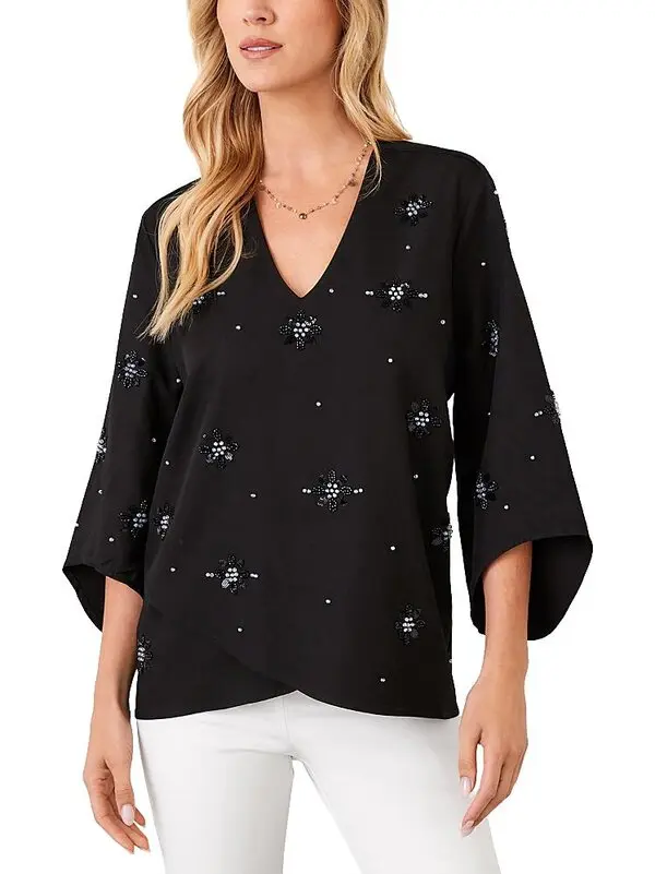 Karen Kane Embellished Asymmetric Top With Bracelet Sleeves - Black