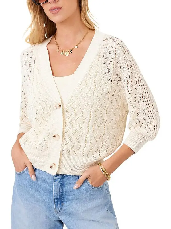 Karen Kane Puff Sleeve Crochet Cardigan Sweater - Natural