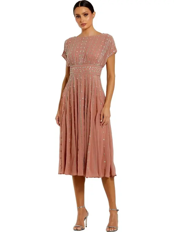 Mac Duggal Embellished Short Sleeve Midi Dress - Cinnamon